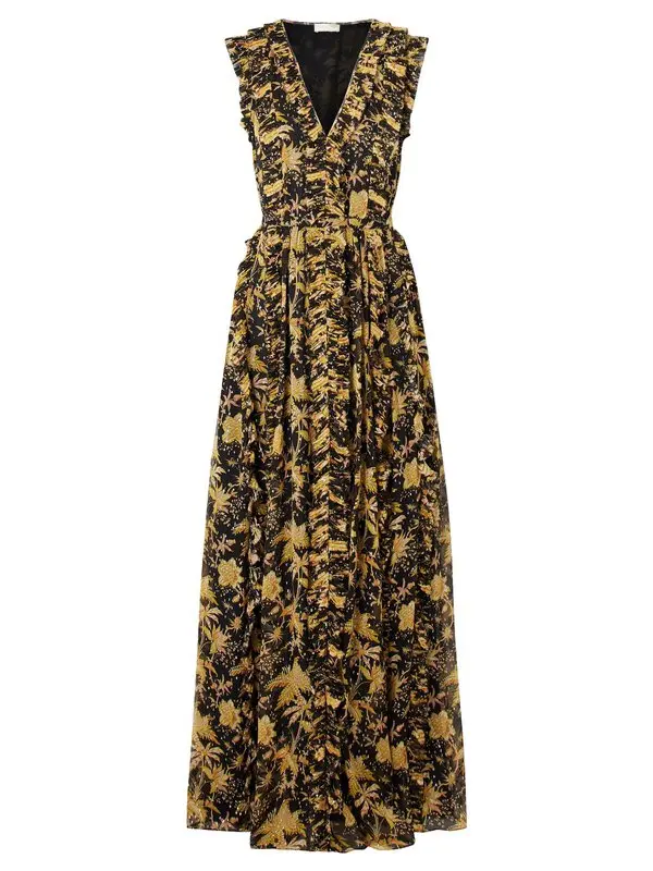 Ulla Johnson Aida Pleated Ruffled Floral-print Metallic Silk-chiffon Gown - Black