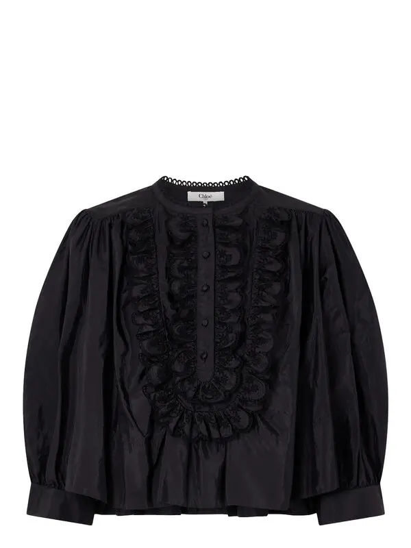 Chloé Ruffled Broderie Anglaise-trimmed Taffeta Blouse - Black