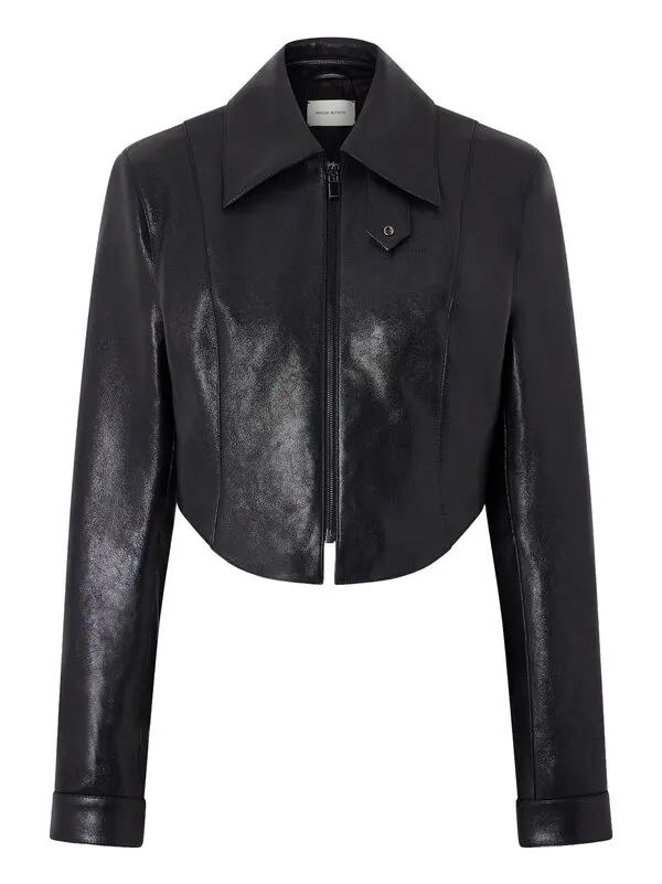 Magda Butrym Cropped Paneled Glossed Leather Biker Jacket - Black