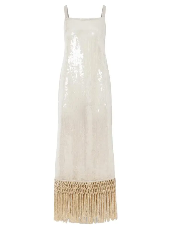 TALLER MARMO Agrigento Disco Fringed Sequined Gown - Neutrals