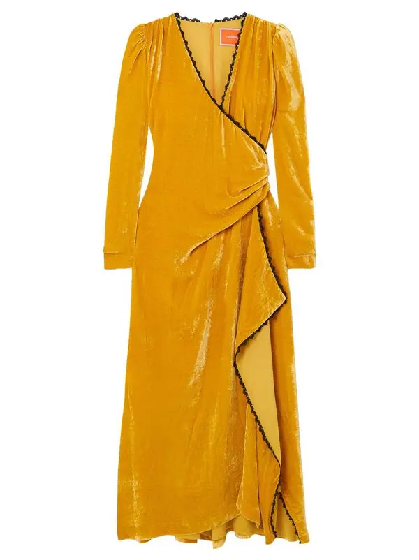 La DoubleJ Wrap-effect Lace-trimmed Velour Maxi Dress - Yellow