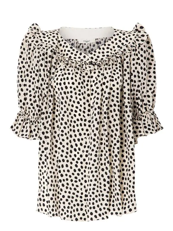 Chloé Gathered Polka-dot Silk Crepe De Chine Blouse - Neutrals