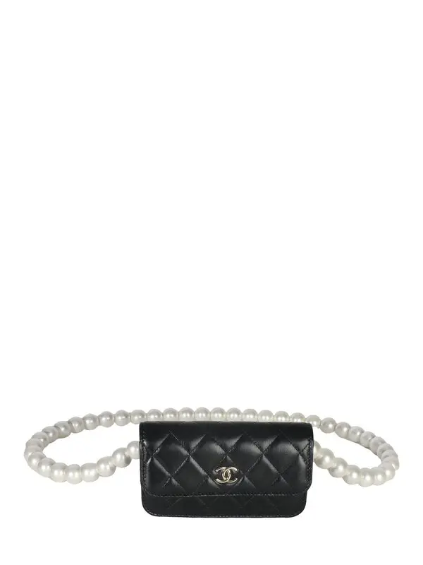Chanel Quilted Calfskin Clutch With Pearl Strap - Black