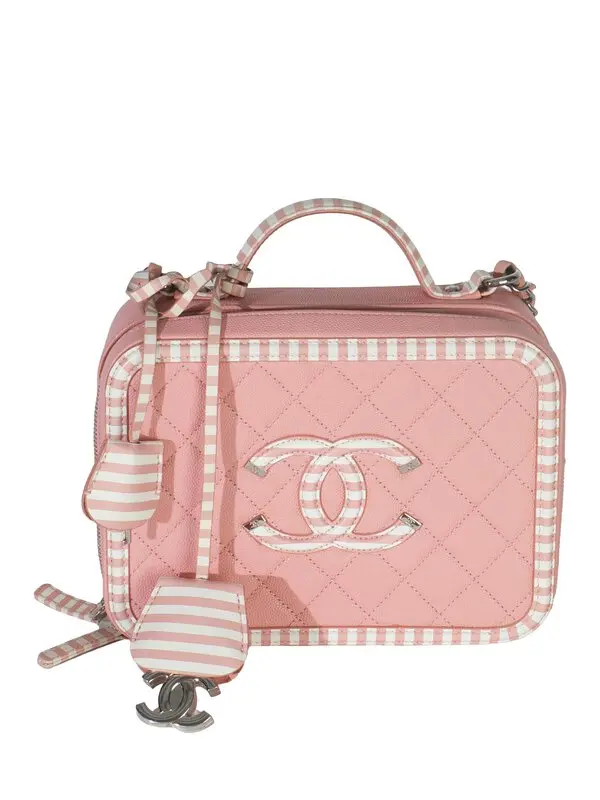 Chanel Quilted Caviar Striped Cc Filigree Vanity Case - Pink