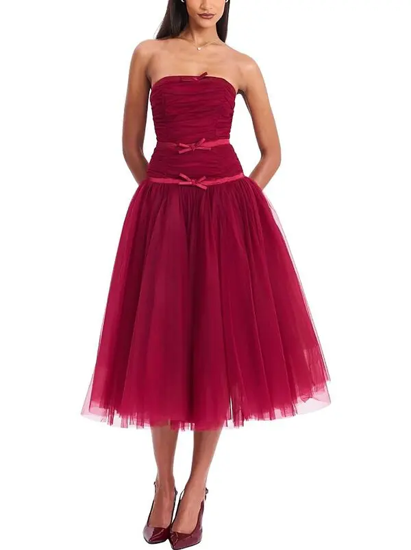 MISS CIRCLE Mabel Layered Mesh Midi Dress - Burgundy