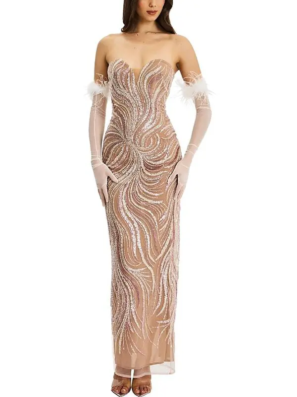 MISS CIRCLE Beaded Sequin Sweetheart Maxi Dress - Apricot