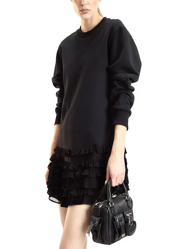 Cynthia Rowley Sweatshirt Georgette Ruffle Combo Dress - Black