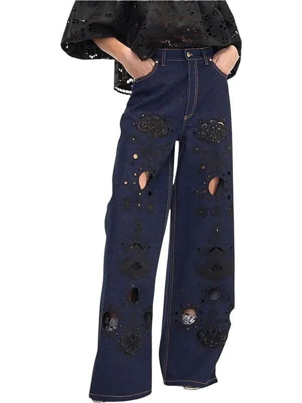 Cynthia Rowley Embroidered Wide Leg Jeans - Navy Black