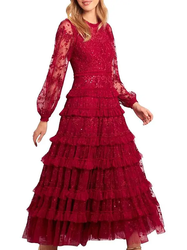 NEEDLE & THREAD Blossom Long Sleeve Lace Ankle Gown - Red
