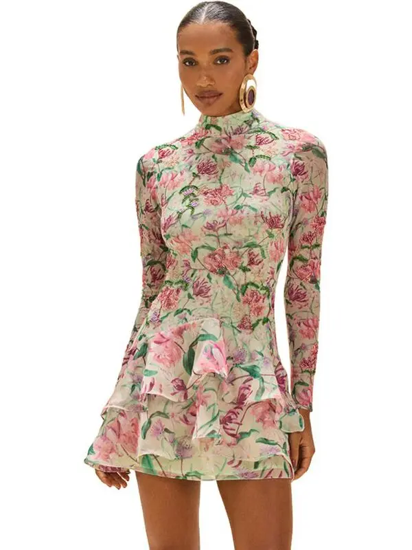 PatBO Honey Flower Long Sleeve Mini Dress - Green