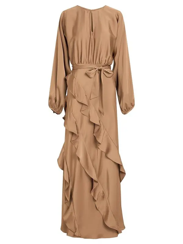 MIKAEL AGHAL Satin Maxi Dress With Ruffles - Light Brown