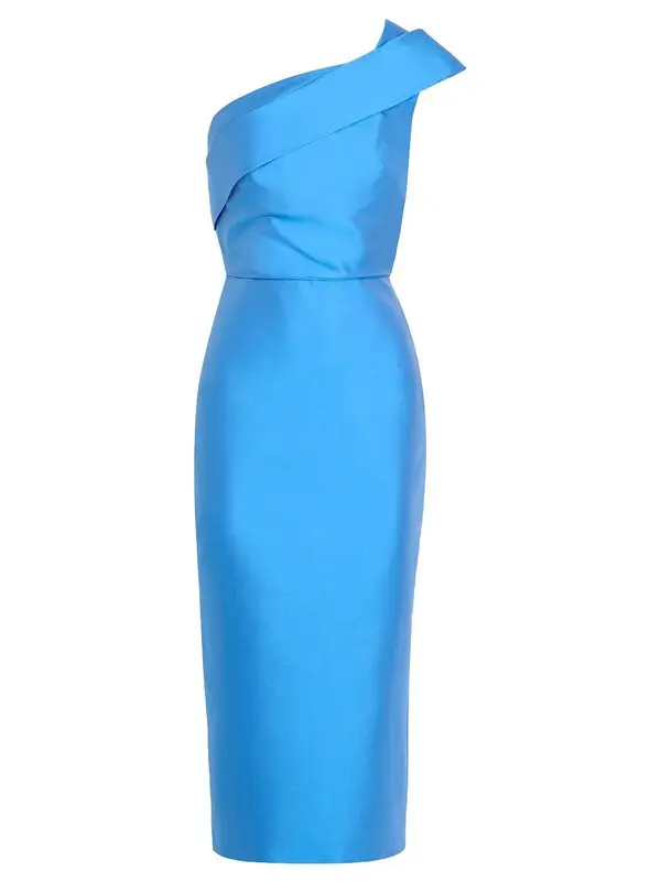 Monique Lhuillier One-shoulder Draped Faille Midi Dress - Azure