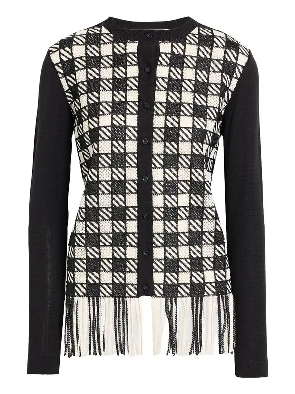 Oscar De La Renta Fringed Checked Jacquard Knit Silk-blend Cardigan - Black