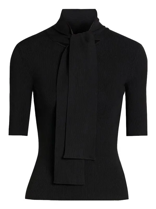 Oscar De La Renta Ribbed Silk-blend Top With Tie Detail - Black