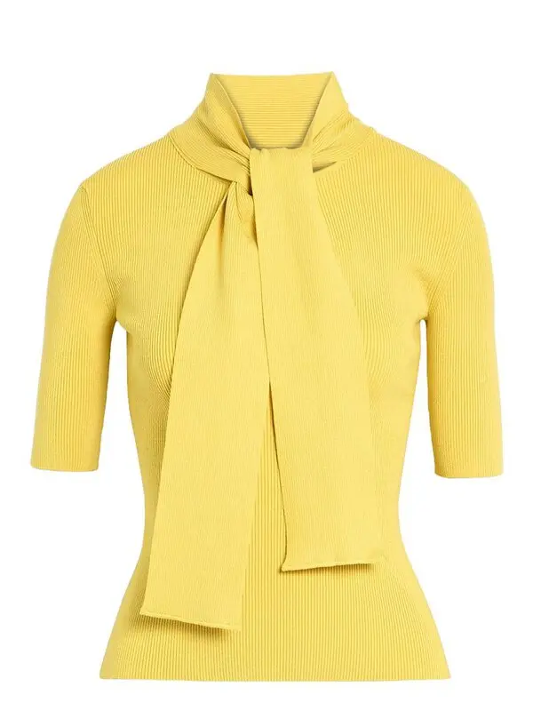 Oscar De La Renta Ribbed Silk-blend Top With Tie Detail - Yellow