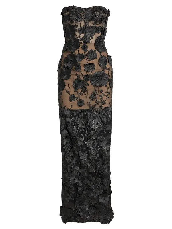 BRONX AND BRONCO Jasmine Strapless Floral-appliquéd Gown - Black
