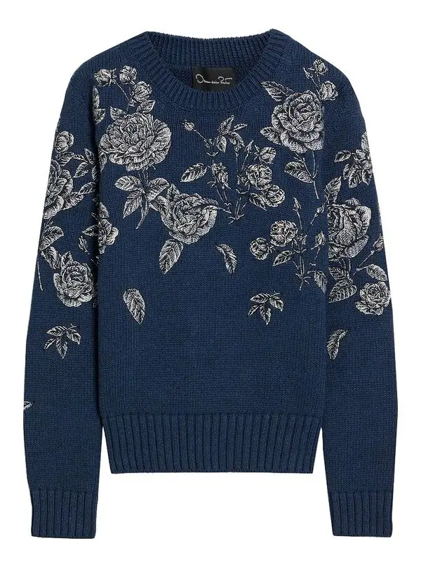 Oscar De La Renta Embroidered Cotton Sweater - Navy