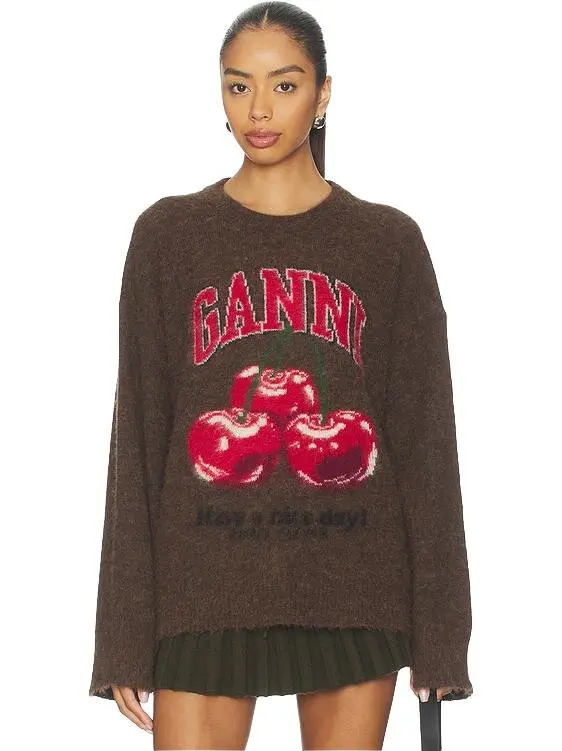 GANNI Brushed Alpaca Graphic Oversized Sweater - Chicory Coffee