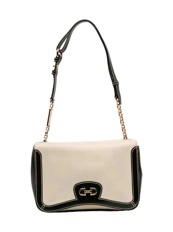 FERRAGAMO Leather Double Gancini Shoulder Bag - White