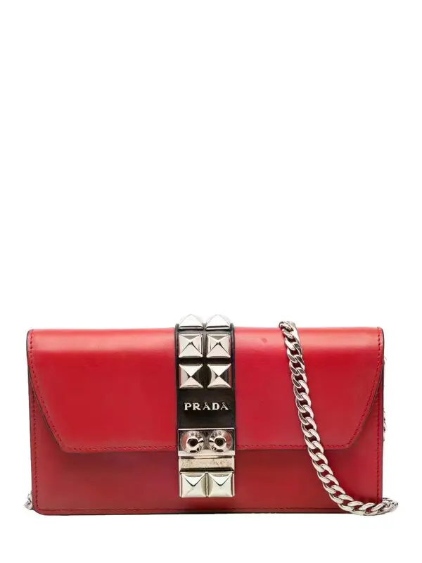 Prada City Calfskin Studded Elektra Clutch With Chain Crossbody Bag - Red