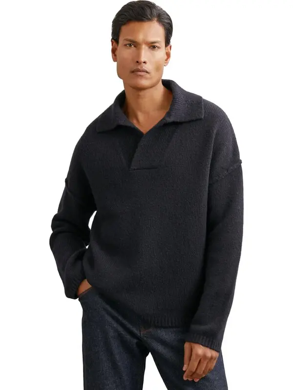 REISS Wool-blend Open-collar Jumper - Navy