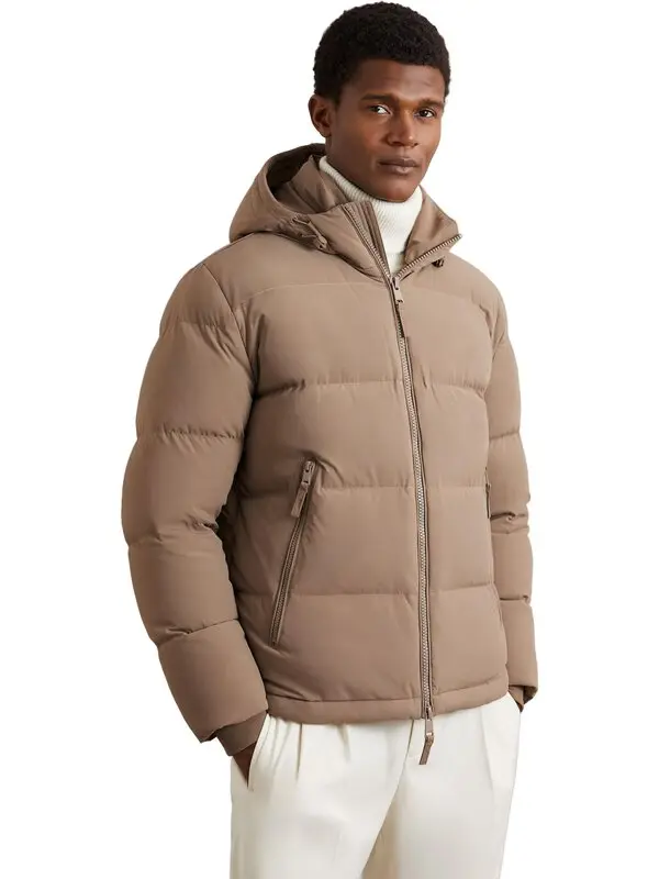 REISS Reggie Quilted Zip-through Puffer Jacket - Light Camel Brown