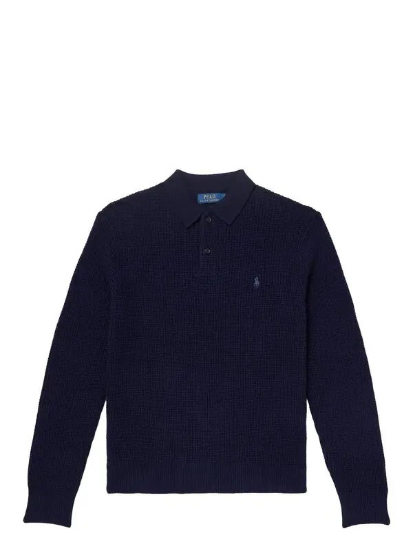 Polo Ralph Lauren Logo-embroidered Waffle-knit Wool And Cotton-blend Polo Sweater - Blue