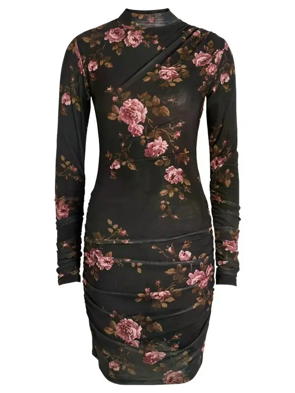 REFORMATION Floral-print Ruched Dress - Black