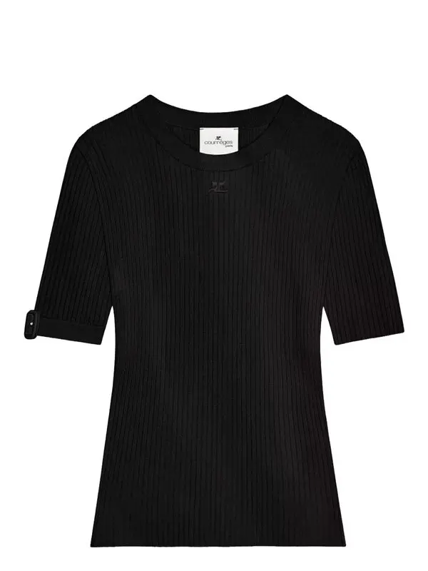 COURREGES Buckle-detail Ribbed-knit T-shirt - Black