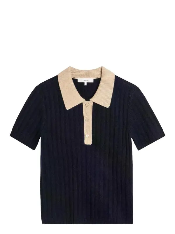 FRAME Button Ribbed Polo Top - Blue