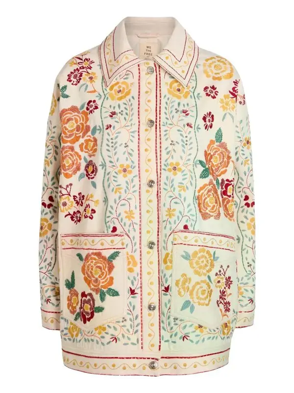 Free People Floral-embroidered Denim Jacket - Neutrals