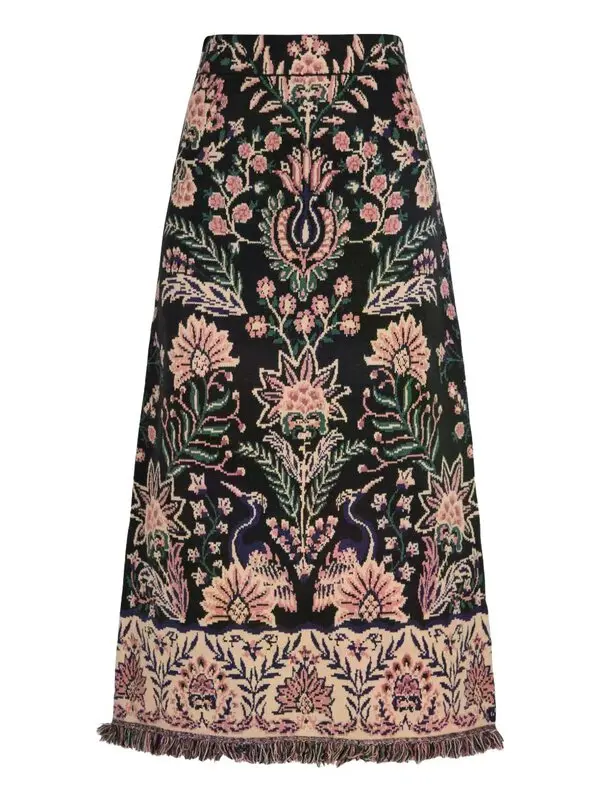 Farm Rio Floral-print Fringe-trim Midi Skirt - Black