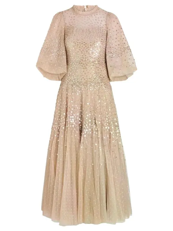 NEEDLE & THREAD Sequin-embellished Flute-sleeve Dress - Neutrals