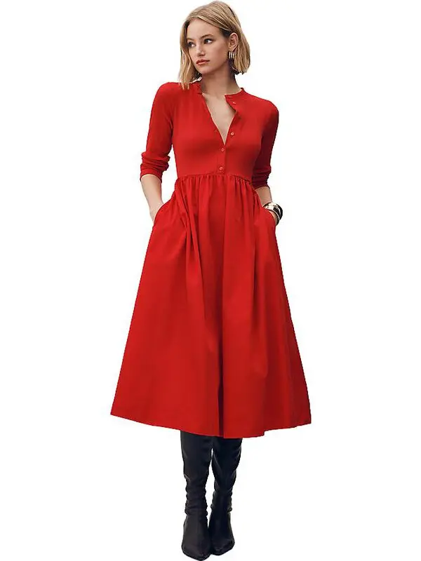 Maeve Long-sleeve Twofer Cardigan Midi Dress - True Red