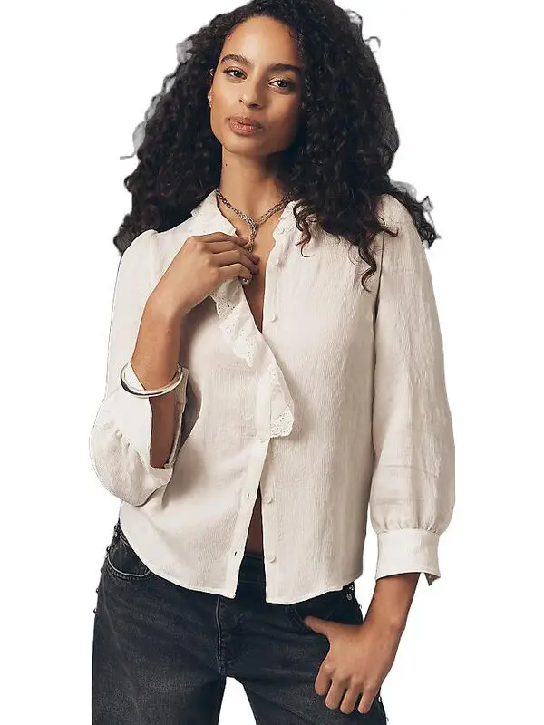RAISONNEL Crinkled Cotton Ruffle Buttondown Top - Ivory