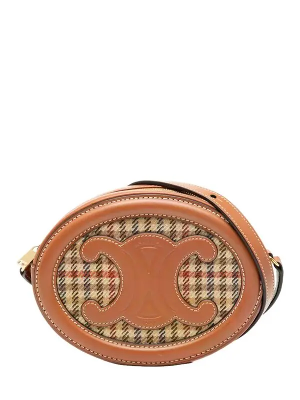 Celine Small Houndstooth Canvas And Calfskin Cuir Triomphe Oval Crossbody Bag - Brown