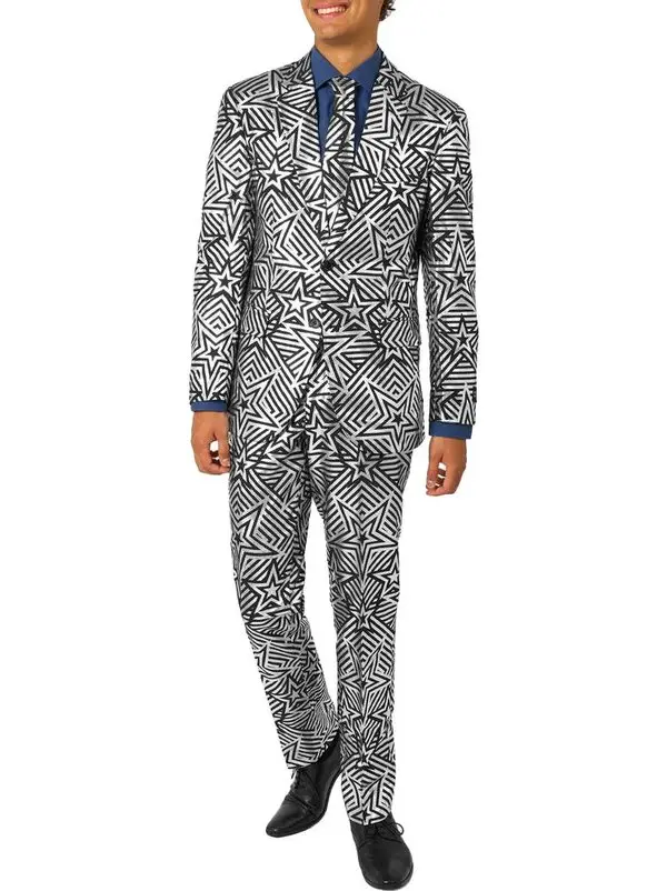 Opposuits Silver Geo Star Slim Fit Two-piece Suit & Tie Set - Black/silver