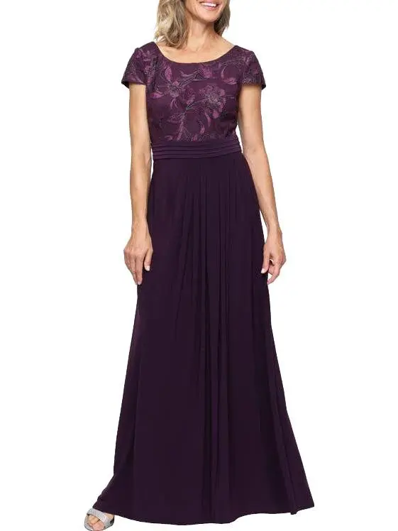 Alex Evenings Floral Embroidered Empire Waist A-line Gown - Plum