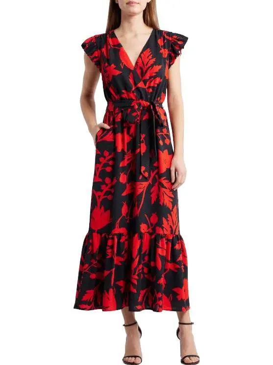 Sam Edelman Floral Print Flutter Sleeve Maxi Dress - Black/red