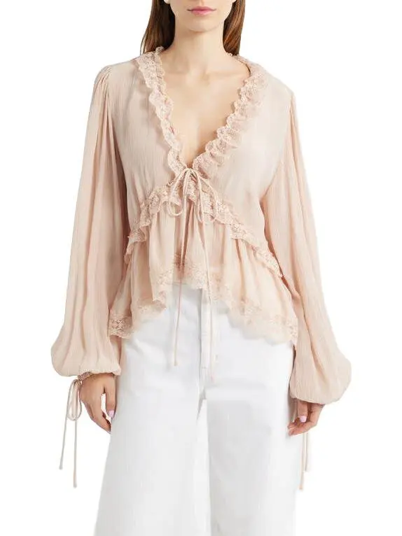 Mango Glicine Lace Trim Top - Pale Pink