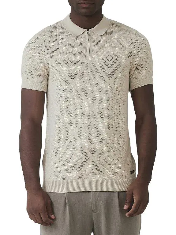 MAUVAIS Chalbi Slim Fit Knit Pointelle Zip Polo - Light Beige