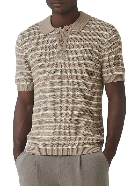 MAUVAIS Fontelina Button Placket Knit Stripe Polo - Medium Beige