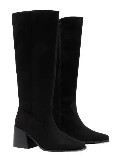 THERAPY AUSTRALIA Quinn Square Toe Block Heel Tall Boots - Black Microsuede