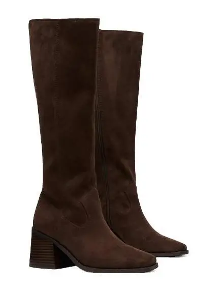 THERAPY AUSTRALIA Quinn Square Toe Block Heel Tall Boots - Chocolate Microsuede