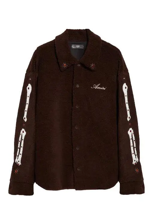 Amiri Studded Bones Appliqué Fleece Overshirt - Dark Brown