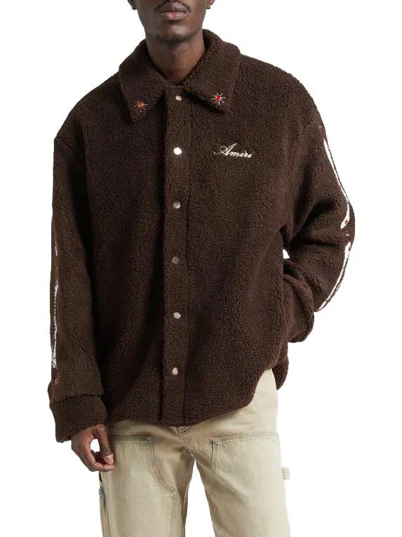 Amiri Studded Bones Appliqué Fleece Overshirt - Dark Brown