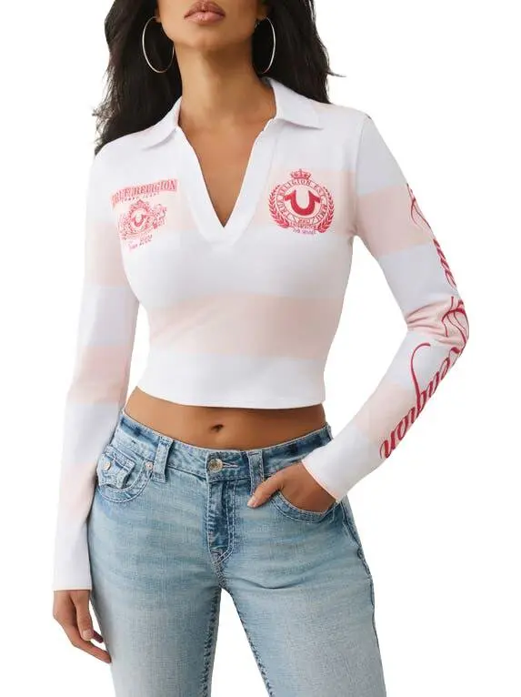 True Religion Logo Embroidered Long Sleeve Polo - Pink/white Stripe