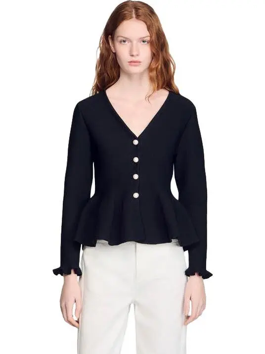 Sandro Textured Knit Peplum Cardigan - Black