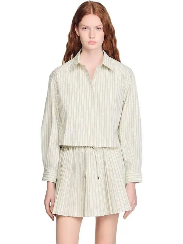 Sandro Striped Rhinestone Embellished Shirt - Ecru