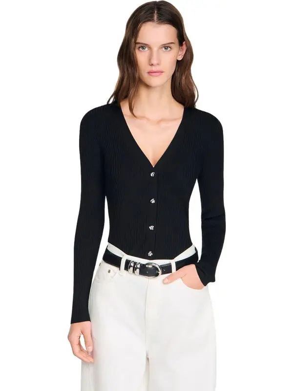 Sandro Ribbed Cardigan With Metal Buttons - Black